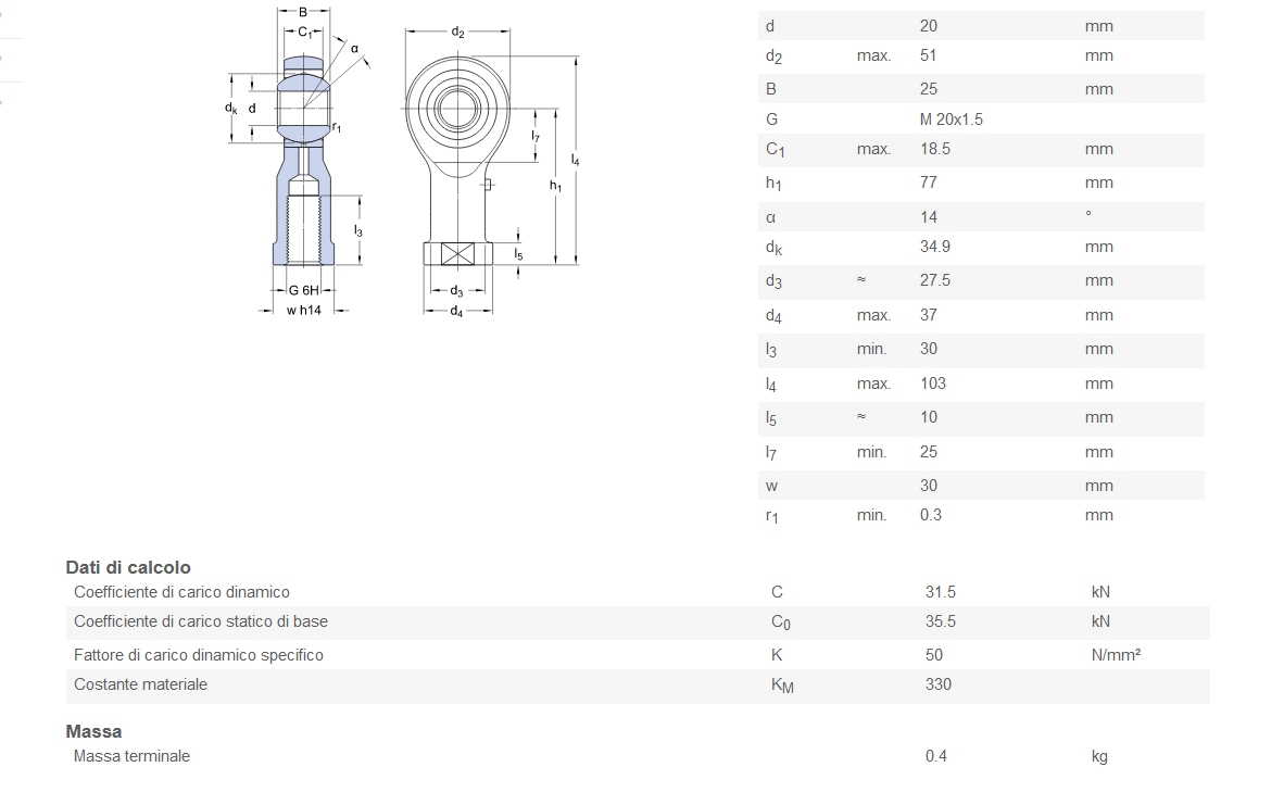 Terminale SIKAC 20 M SKF 20x51x103 Weight 0.4